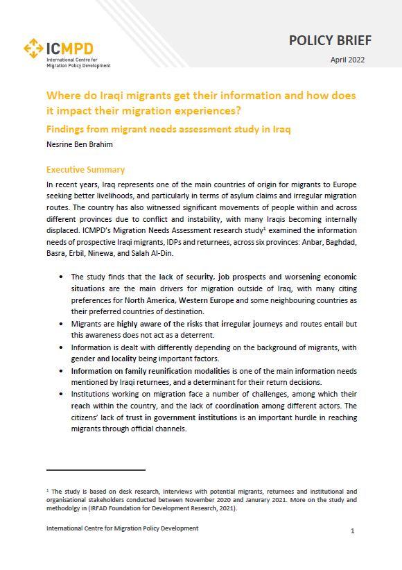 Findings from migrant needs assessment study in Iraq - Budapest Process